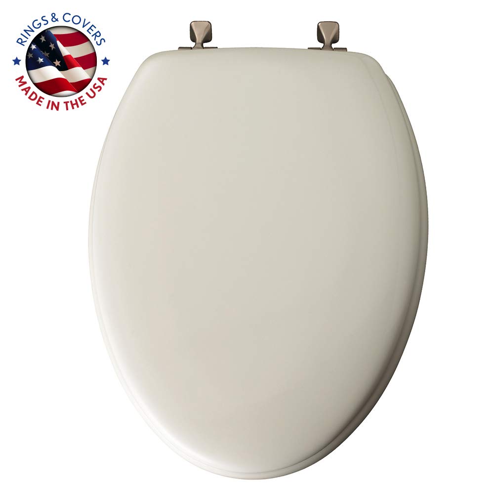 MAYFAIR 1844BNA 000 Toilet Seat with Brushed Nickel Hinges will Never Come Loose, ELONGATE, White - Brushed Nickel