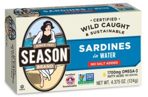 season sardines in water – no salt added, wild caught, 22g of protein, keto snacks, more omega 3's than tuna, kosher, high in calcium, canned sardines – 4.37 oz tins, 12-pack