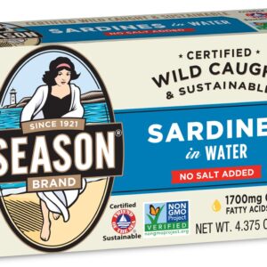 Season Sardines in Water – No Salt Added, Wild Caught, 22g of Protein, Keto Snacks, More Omega 3's Than Tuna, Kosher, High in Calcium, Canned Sardines – 4.37 Oz Tins, 12-Pack