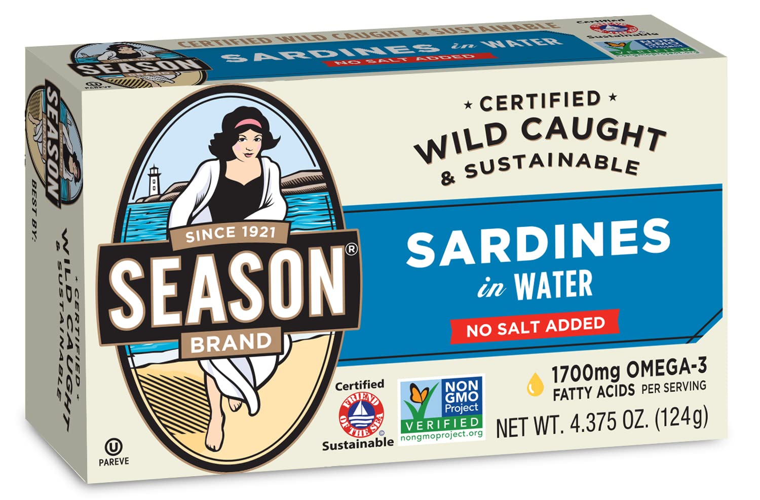 Season Sardines in Water – No Salt Added, Wild Caught, 22g of Protein, Keto Snacks, More Omega 3's Than Tuna, Kosher, High in Calcium, Canned Sardines – 4.37 Oz Tins, 12-Pack