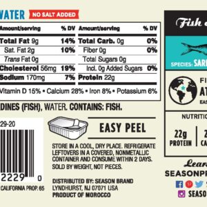 Season Sardines in Water – No Salt Added, Wild Caught, 22g of Protein, Keto Snacks, More Omega 3's Than Tuna, Kosher, High in Calcium, Canned Sardines – 4.37 Oz Tins, 12-Pack