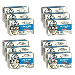 Season Sardines in Water – No Salt Added, Wild Caught, 22g of Protein, Keto Snacks, More Omega 3's Than Tuna, Kosher, High in Calcium, Canned Sardines – 4.37 Oz Tins, 12-Pack