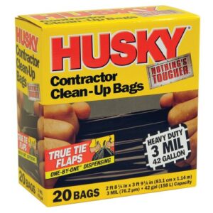 husky hk42wc020b 42-gallon polyethylene resin contractor clean-up bags, 20 count, 2 ft 8.75in l x 3 ft 9.13 in w x 3 mil t, black