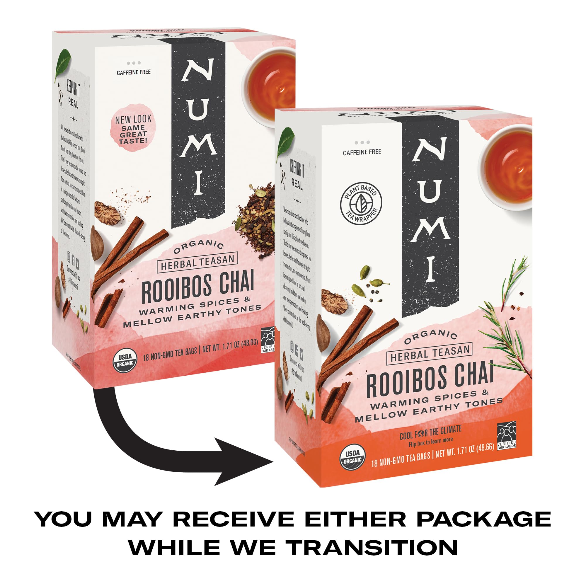 Numi Organic Rooibos Chai Tea, 18 Tea Bags, Red Tea with Cinnamon, Allspice & Ginger, Caffeine Free (Packaging May Vary)