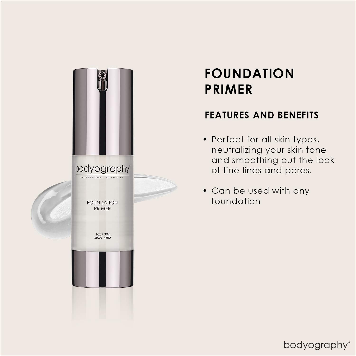 BODYOGRAPHY - Foundation Primer (Clear): Flawless Anti-Aging Salon Makeup Primer w/Vitamin E, A, Jojoba, Grapeseed Oil | Control Shine | Gluten-Free, Cruelty-Free, 1 oz.