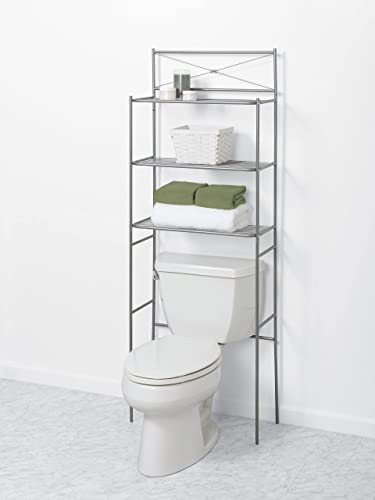 Zenna Home Over the Toilet Storage, Metal Bathroom Spacesaver with 3 Shelves, Cross-Style Storage Cabinet, Easy Assembly, Satin Nickel , 23.25 x 64.7"