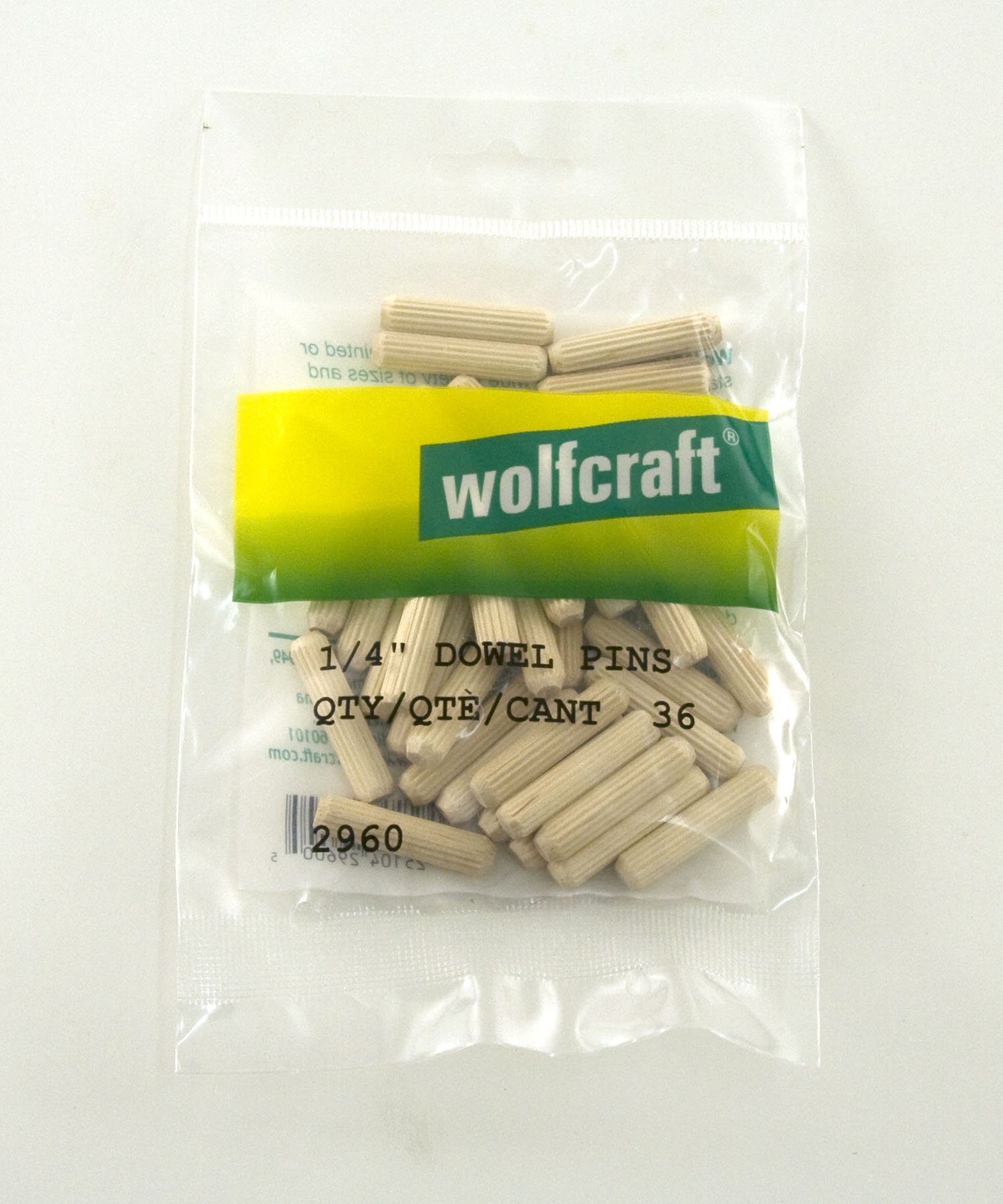 Wolfcraft 2960405 1/4 in (6 mm) x 1 1/8 in (29 mm) Fluted Beechwood Dowel Pin, 36-Pack