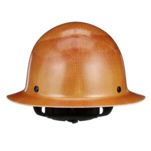 msa 475407 skullgard full-brim hard hat with fas-trac iii ratchet suspension | non-slotted hat, made of phenolic resin, radiant heat loads up to 350f - standard size in natural tan