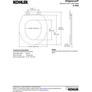 KOHLER K-4695-0 Ridgewood Molded-Wood with Color-Matched Plastic Hinges Round-front Toilet Seat, White