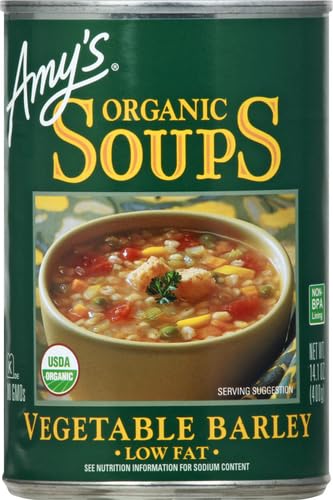 Amy’s Soup, Vegan Vegetable Barley Soup, Low Fat, Made With Organic Tomatoes, Carrots and Celery, Canned Soup, 14.1 Oz