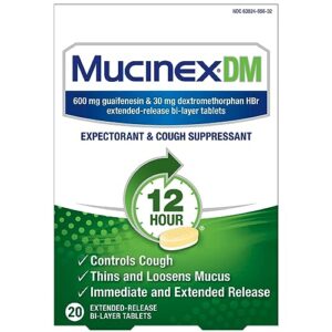 mucinex cough suppressant and expectorant, dm 12 hr relief tablets, 20ct, 600 mg guaifenesin, 30 mg dextromethorphan hbr, controls cough and thins & loosens mucus that causes cough & chest congestion