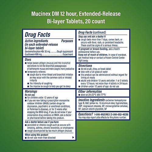 Mucinex Cough Suppressant and Expectorant, DM 12 Hr Relief Tablets, 20ct, 600 mg Guaifenesin, 30 mg Dextromethorphan HBr, Controls Cough and Thins & Loosens Mucus That Causes Cough & Chest Congestion