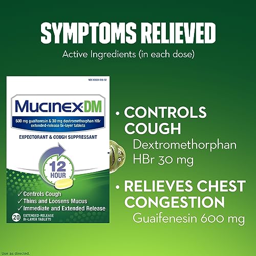 Mucinex Cough Suppressant and Expectorant, DM 12 Hr Relief Tablets, 20ct, 600 mg Guaifenesin, 30 mg Dextromethorphan HBr, Controls Cough and Thins & Loosens Mucus That Causes Cough & Chest Congestion