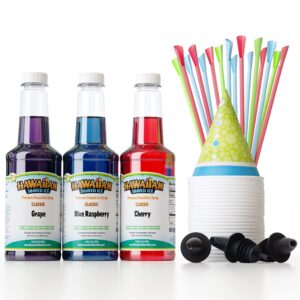 hawaiian shaved ice syrup assortment with 3 - 16oz bottles, 25 snow cone cups, 25 spoon straws, and 3 pouring spouts. flavors: cherry, blue raspberry, and grape. allergy-friendly.