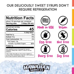 Hawaiian Shaved Ice Syrup Assortment with 3 - 16oz Bottles, 25 Snow Cone Cups, 25 Spoon Straws, and 3 Pouring Spouts. Flavors: Cherry, Blue Raspberry, and Grape. Allergy-friendly.