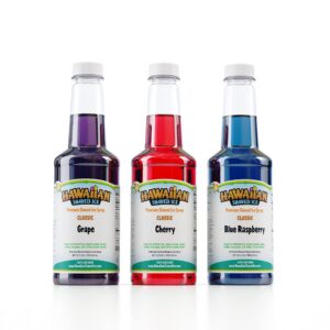 hawaiian shaved ice syrup assortment, 3 - 16oz bottles of the most popular flavors: cherry, grape, blue raspberry. perfect for shaved ice, snow cones, sodas, ice pops, and slushies. allergy-friendly