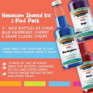 Hawaiian Shaved Ice Syrup Assortment, 3 - 16oz Bottles Of The Most Popular Flavors: Cherry, Grape, Blue Raspberry. Perfect For Shaved ice, Snow Cones, Sodas, Ice Pops, and Slushies. Allergy-friendly