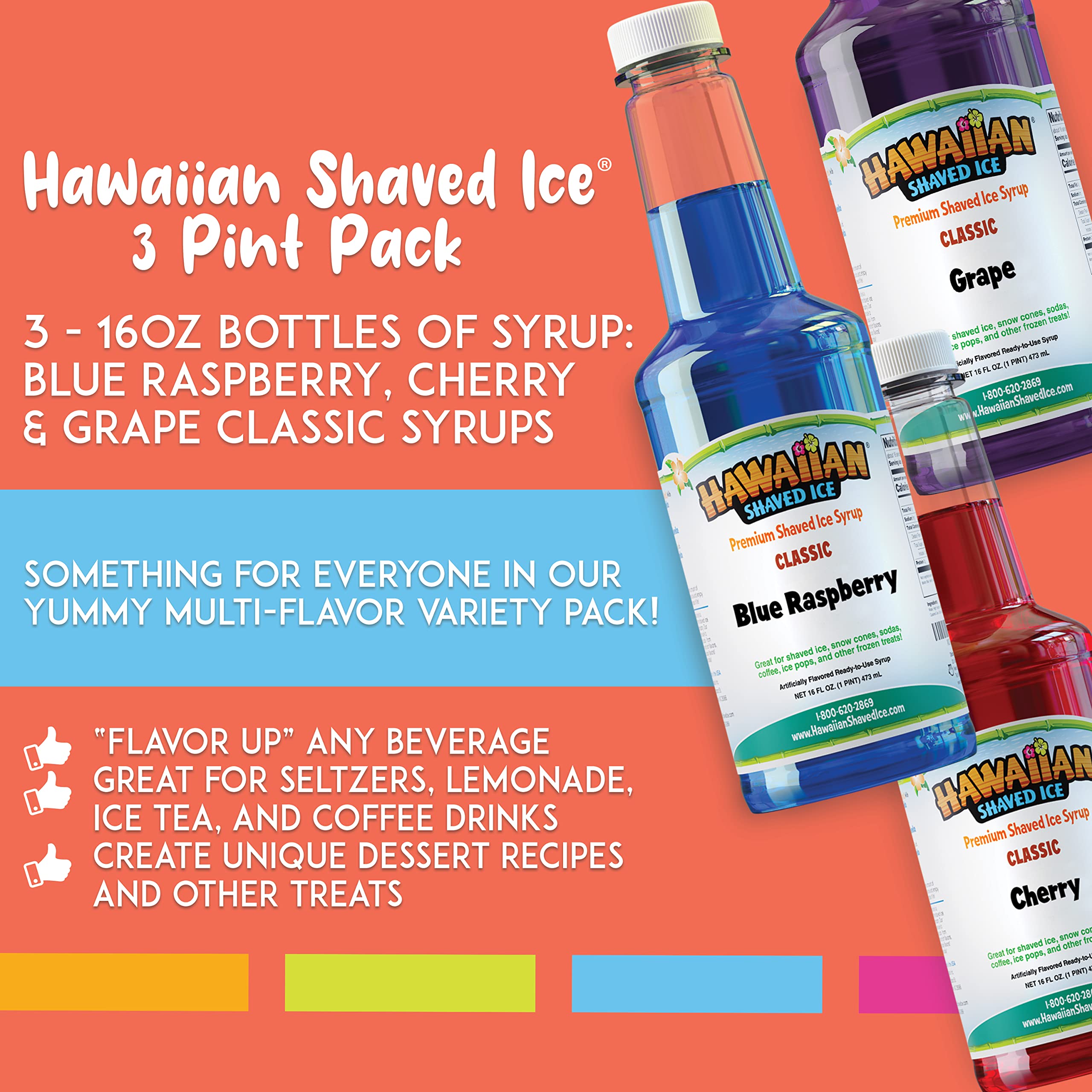 Hawaiian Shaved Ice Syrup Assortment, 3 - 16oz Bottles Of The Most Popular Flavors: Cherry, Grape, Blue Raspberry. Perfect For Shaved ice, Snow Cones, Sodas, Ice Pops, and Slushies. Allergy-friendly