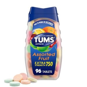 tums extra strength antacid tablets for chewable heartburn relief and acid indigestion relief, assorted fruit flavors - 96 count