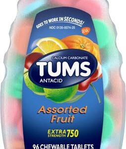 TUMS Extra Strength Antacid Tablets for Chewable Heartburn Relief and Acid Indigestion Relief, Assorted Fruit Flavors - 96 Count