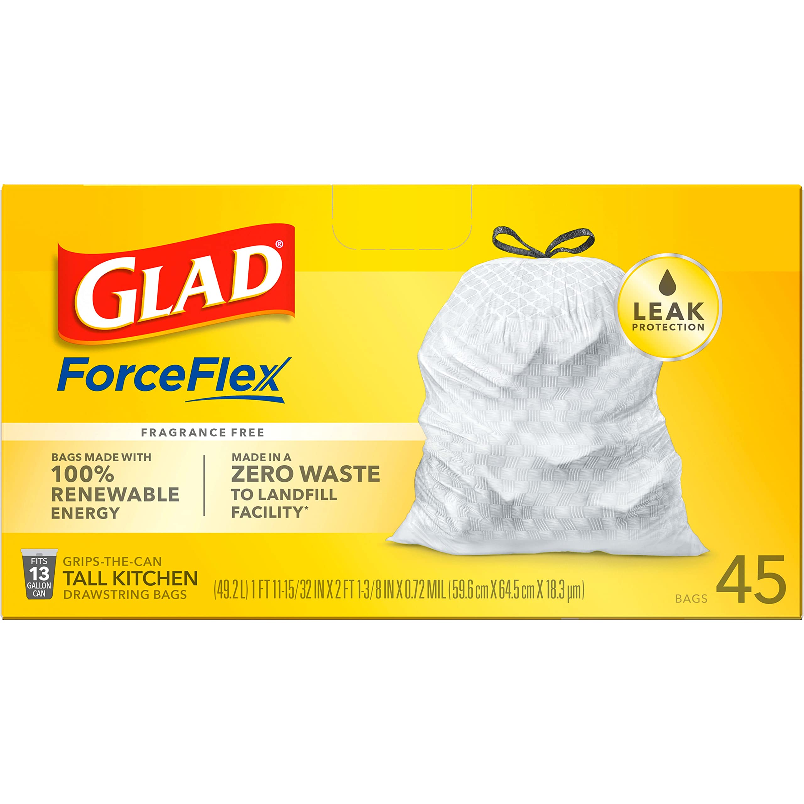 Glad ForceFlex Tall Kitchen Drawstring Trash Bags, 13 Gallon, 45 Count (Package May Vary)