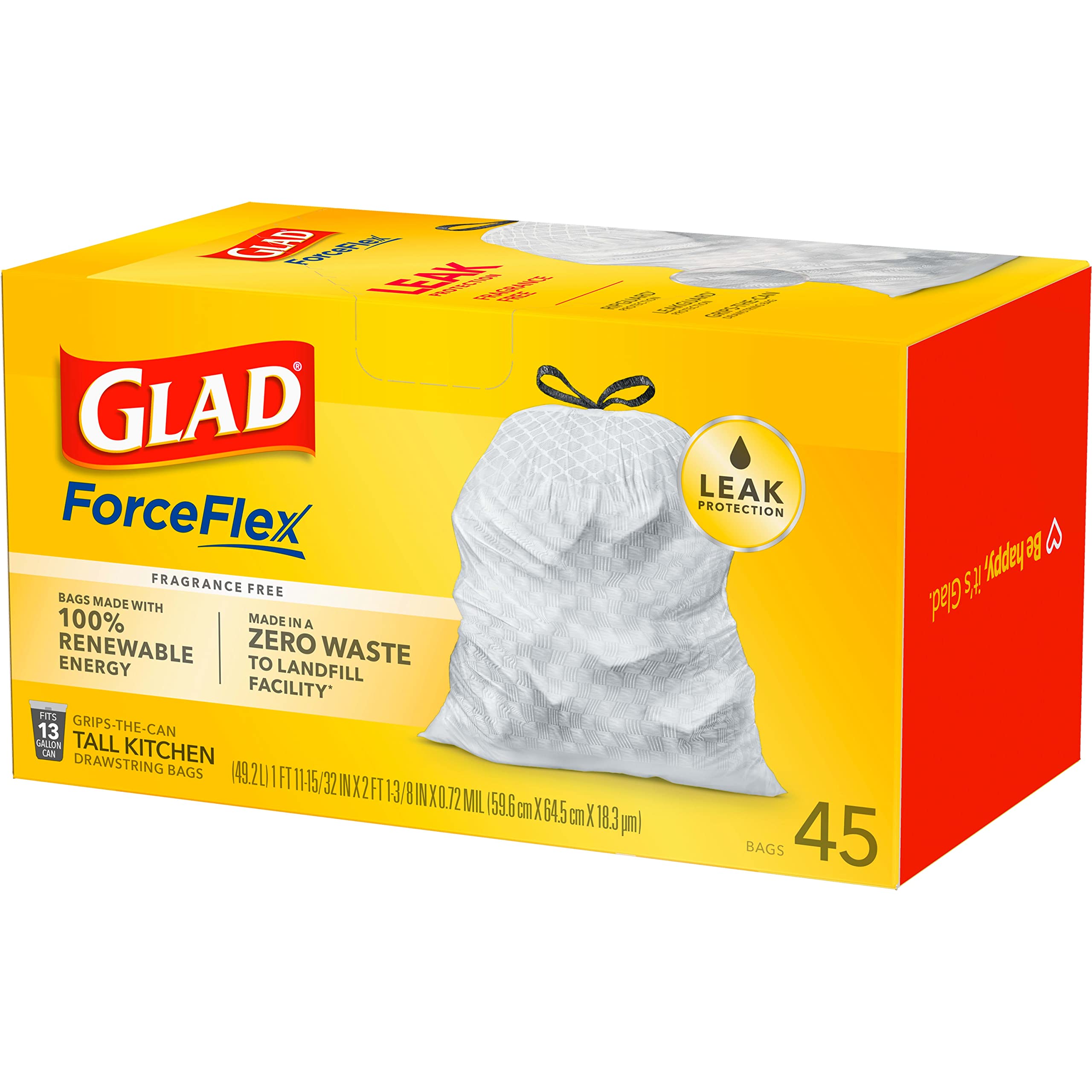 Glad ForceFlex Tall Kitchen Drawstring Trash Bags, 13 Gallon, 45 Count (Package May Vary)