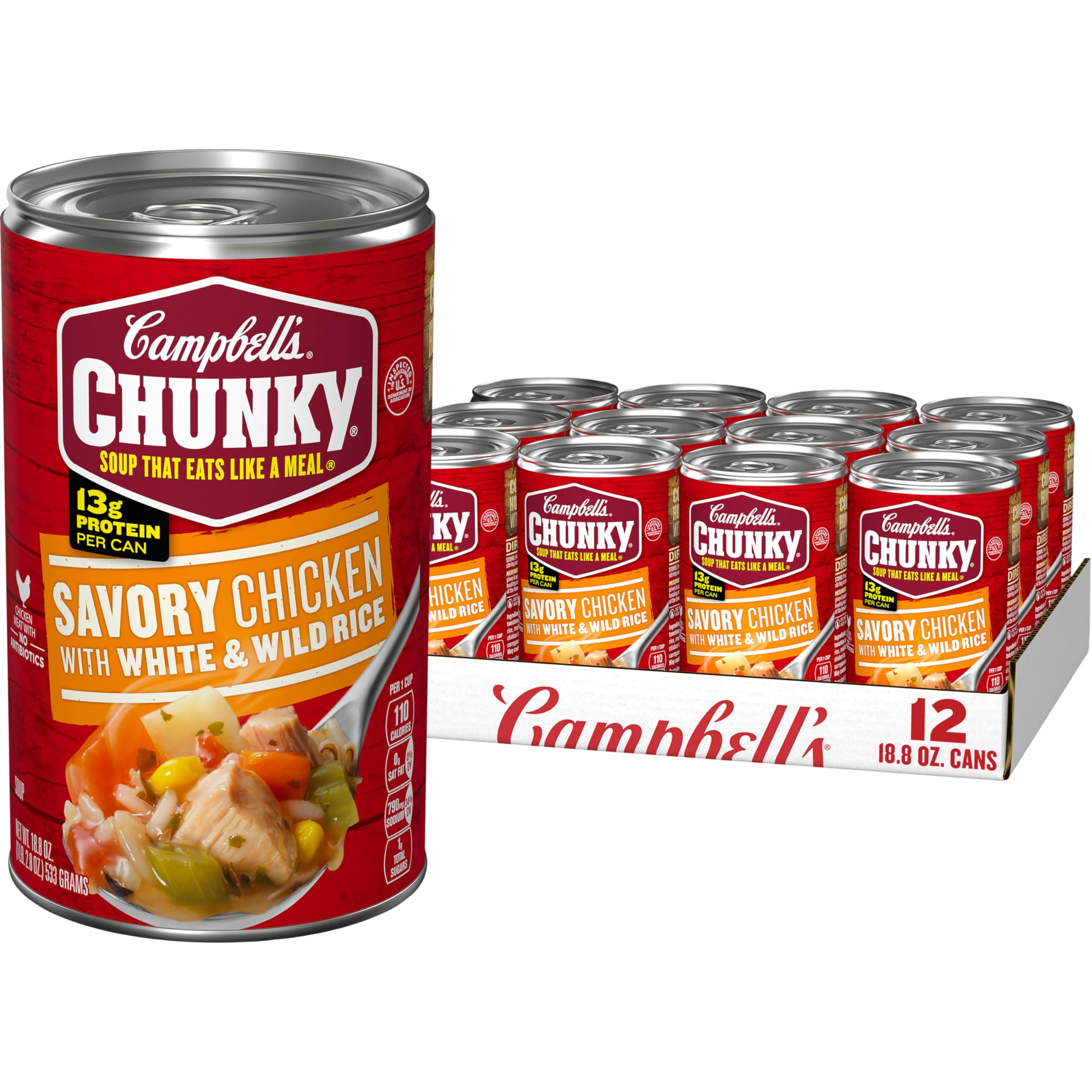 Campbell's Chunky Soup, Savory Chicken with White and Wild Rice Soup, 18.8 Oz Can (Case of 12)