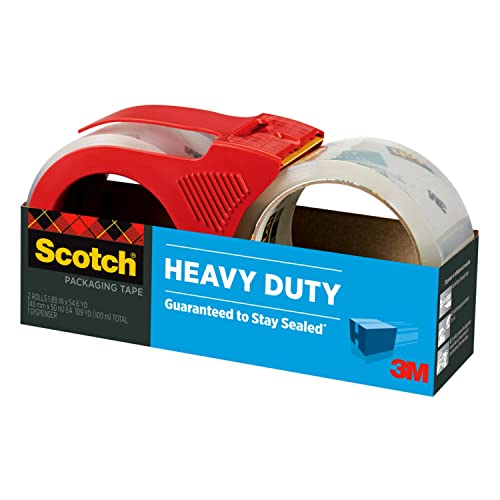 Scotch Heavy Duty Shipping Packing Tape, Clear, Shipping and Packaging Supplies, 1.88 in. x 54.6 yd., 2 Tape Rolls with 1 Dispenser