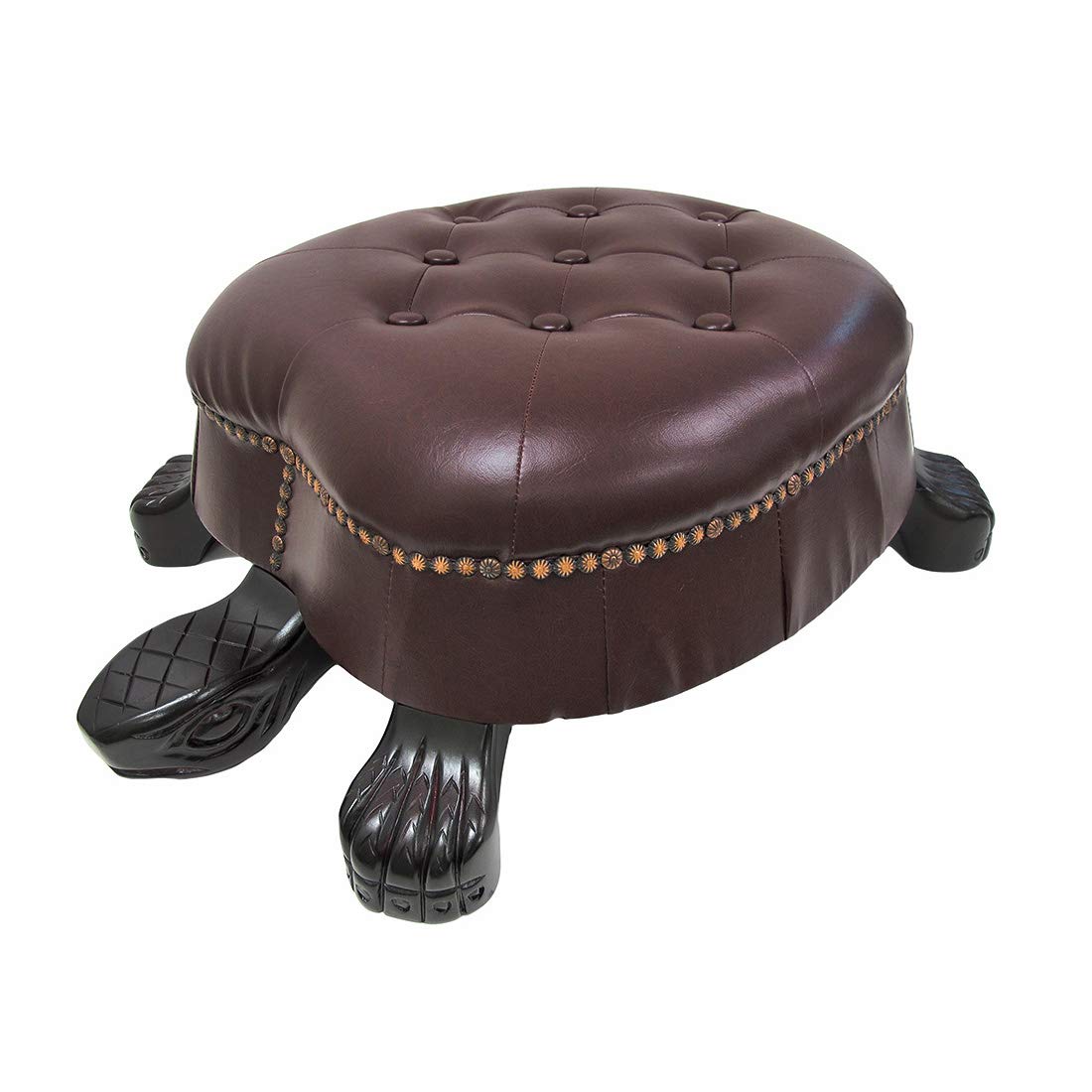 Hand-Carved Wood Turtle Ottoman Stool - Faux Leather Upholstery - Brown Walnut Finish - 28 Inches Long - Brass Tack Accents - Versatile Footrest for Living Room - Exquisite Animal-Inspired Furniture