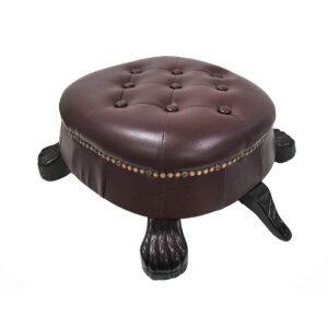 Hand-Carved Wood Turtle Ottoman Stool - Faux Leather Upholstery - Brown Walnut Finish - 28 Inches Long - Brass Tack Accents - Versatile Footrest for Living Room - Exquisite Animal-Inspired Furniture