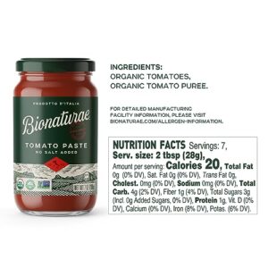 Bionaturae Organic Tomato Paste - No Salt Tomato Paste, Tomato Paste in a Jar, Keto Friendly, Non-GMO, USDA Certified Organic, No Added Sugar, No Added Salt, Made in Italy - 7 Oz, 12 Pack