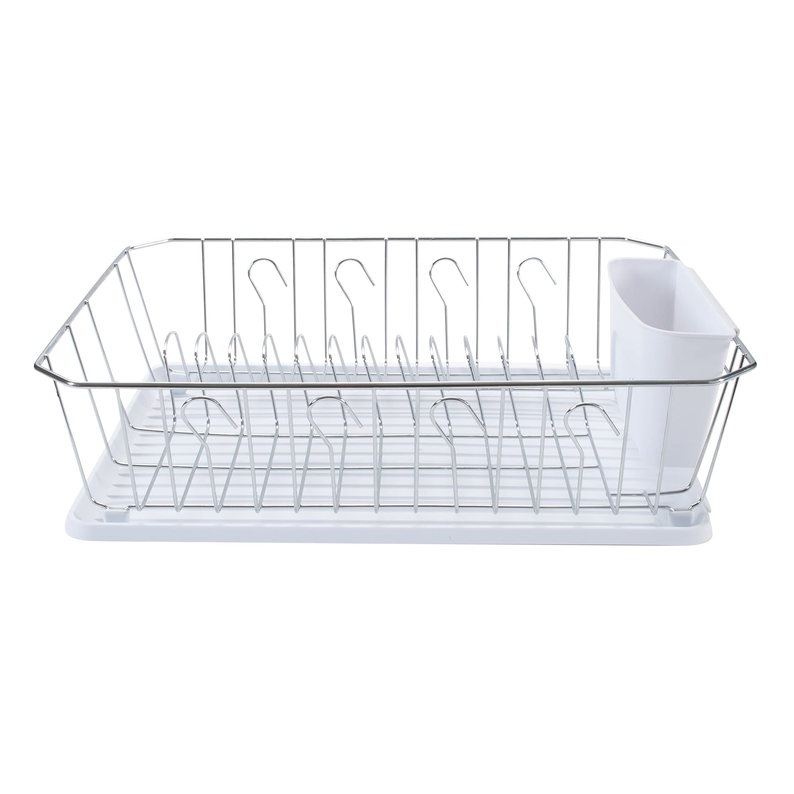 Kitchen Details 3 Piece Dish Rack | Drying Rack, Cutlery Basket & Drainboard Tray | Countertop | Self Draining | Open Wire Design | Chrome | White