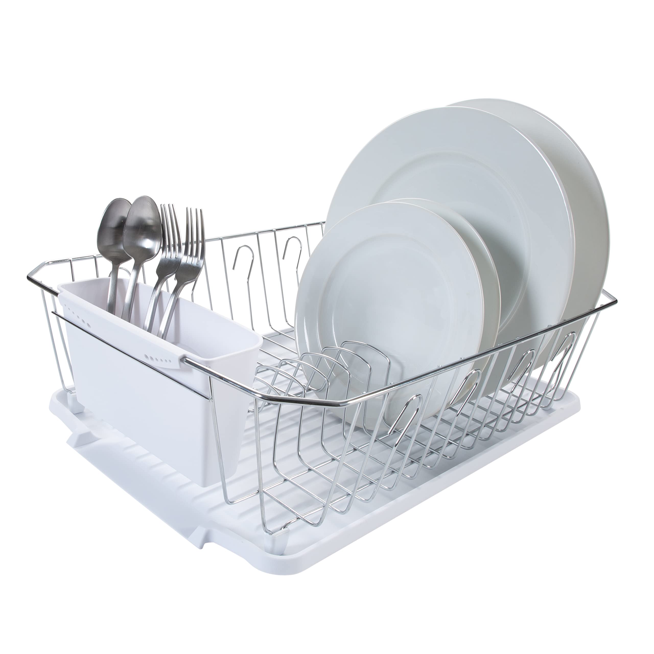 Kitchen Details 3 Piece Dish Rack | Drying Rack, Cutlery Basket & Drainboard Tray | Countertop | Self Draining | Open Wire Design | Chrome | White