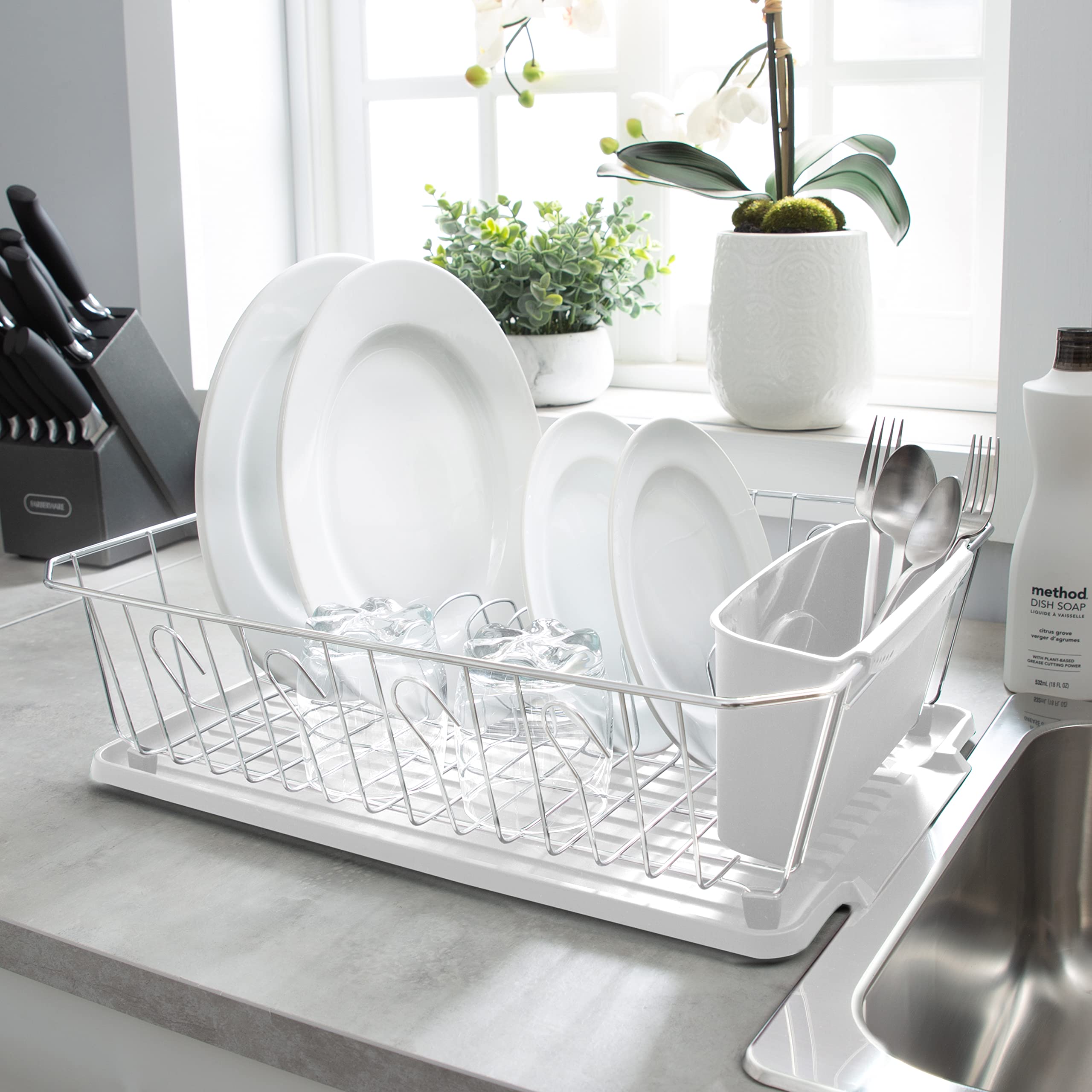 Kitchen Details 3 Piece Dish Rack | Drying Rack, Cutlery Basket & Drainboard Tray | Countertop | Self Draining | Open Wire Design | Chrome | White