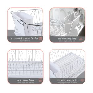 Kitchen Details 3 Piece Dish Rack | Drying Rack, Cutlery Basket & Drainboard Tray | Countertop | Self Draining | Open Wire Design | Chrome | White