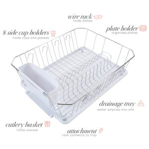 Kitchen Details 3 Piece Dish Rack | Drying Rack, Cutlery Basket & Drainboard Tray | Countertop | Self Draining | Open Wire Design | Chrome | White