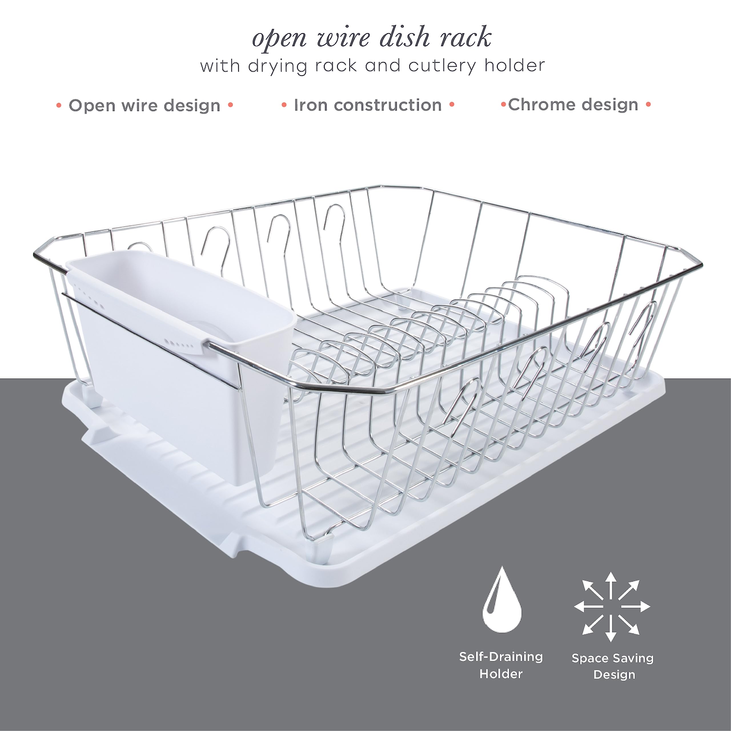 Kitchen Details 3 Piece Dish Rack | Drying Rack, Cutlery Basket & Drainboard Tray | Countertop | Self Draining | Open Wire Design | Chrome | White