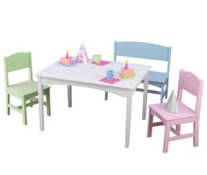 kidkraft nantucket wooden table with bench and 2 chairs, multicolored, children's furniture - pastel, gift for ages 3-8