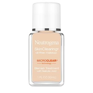 neutrogena skinclearing oil-free acne and blemish fighting liquid foundation with salicylic acid acne medicine, shine controlling, for acne prone skin, 30 buff, 1 fl. oz