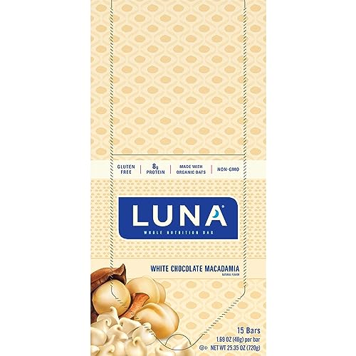 LUNA Bar - White Chocolate Macadamia Flavor - Gluten-Free - Non-GMO - 7-9g Protein - Made with Organic Oats - Low Glycemic - Whole Nutrition Snack Bars - 1.69 oz. (15 Count)