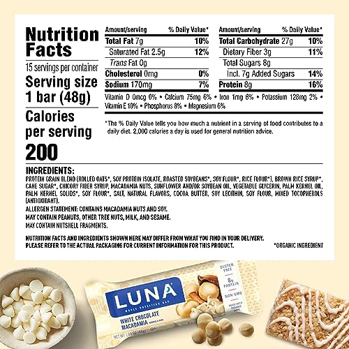 LUNA Bar - White Chocolate Macadamia Flavor - Gluten-Free - Non-GMO - 7-9g Protein - Made with Organic Oats - Low Glycemic - Whole Nutrition Snack Bars - 1.69 oz. (15 Count)