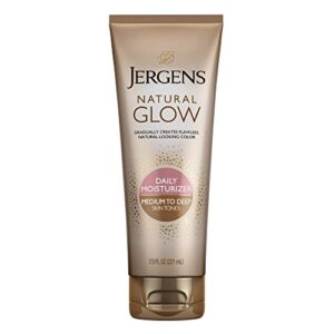 jergens natural glow self tanner lotion, daily sunless fake tanning, medium to deep skin tone, daily moisturizer, featuring antioxidants and vitamin e, 7.5 oz