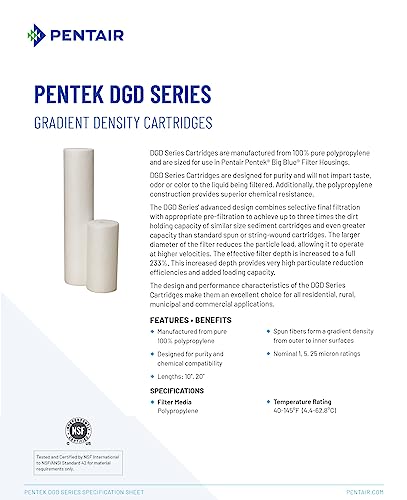 Pentair Pentek DGD-5005 Big Blue Water Filter, 10-Inch Whole House Sediment Filter Cartridge Replacement, Dual-Gradient Density Spun Polypropylene, 10" x 4.5", 5 Micron, Pack of 1