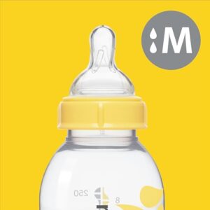 Medela Medium Flow Feeding & Storage Bottles, 3 Pack of 8 Ounce Bottle with Nipple, Lids, Wide Base Collars, and Travel Caps, Made Without BPA