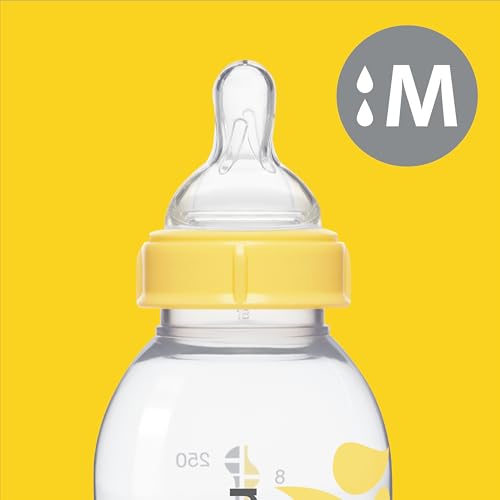 Medela Medium Flow Feeding & Storage Bottles, 3 Pack of 8 Ounce Bottle with Nipple, Lids, Wide Base Collars, and Travel Caps, Made Without BPA