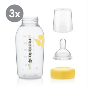 Medela Medium Flow Feeding & Storage Bottles, 3 Pack of 8 Ounce Bottle with Nipple, Lids, Wide Base Collars, and Travel Caps, Made Without BPA