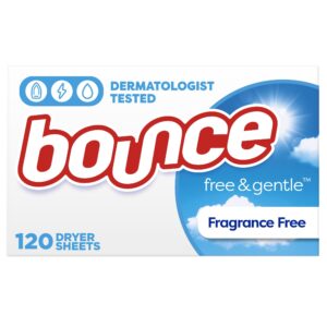 bounce free & gentle unscented fabric softener dryer sheets for sensitive skin, 120 count