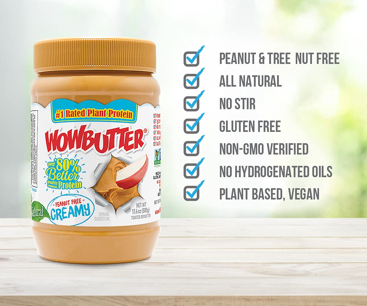 Peanut Free Tree Nut Free Natural No Stir Spread – WOWBUTTER – Award Winning Vegan Plant Protein Food made with Non-GMO verified Whole Soy – (Creamy, 1.1 Pound (Pack of 6))