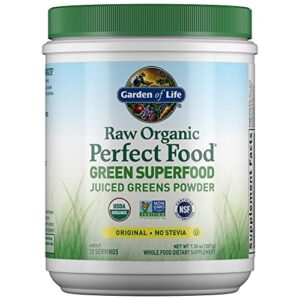 garden of life raw organic perfect food green superfood juiced greens powder - original stevia-free, 30 servings, non-gmo, gluten free whole food dietary supplement, alkalize, detoxify, energize