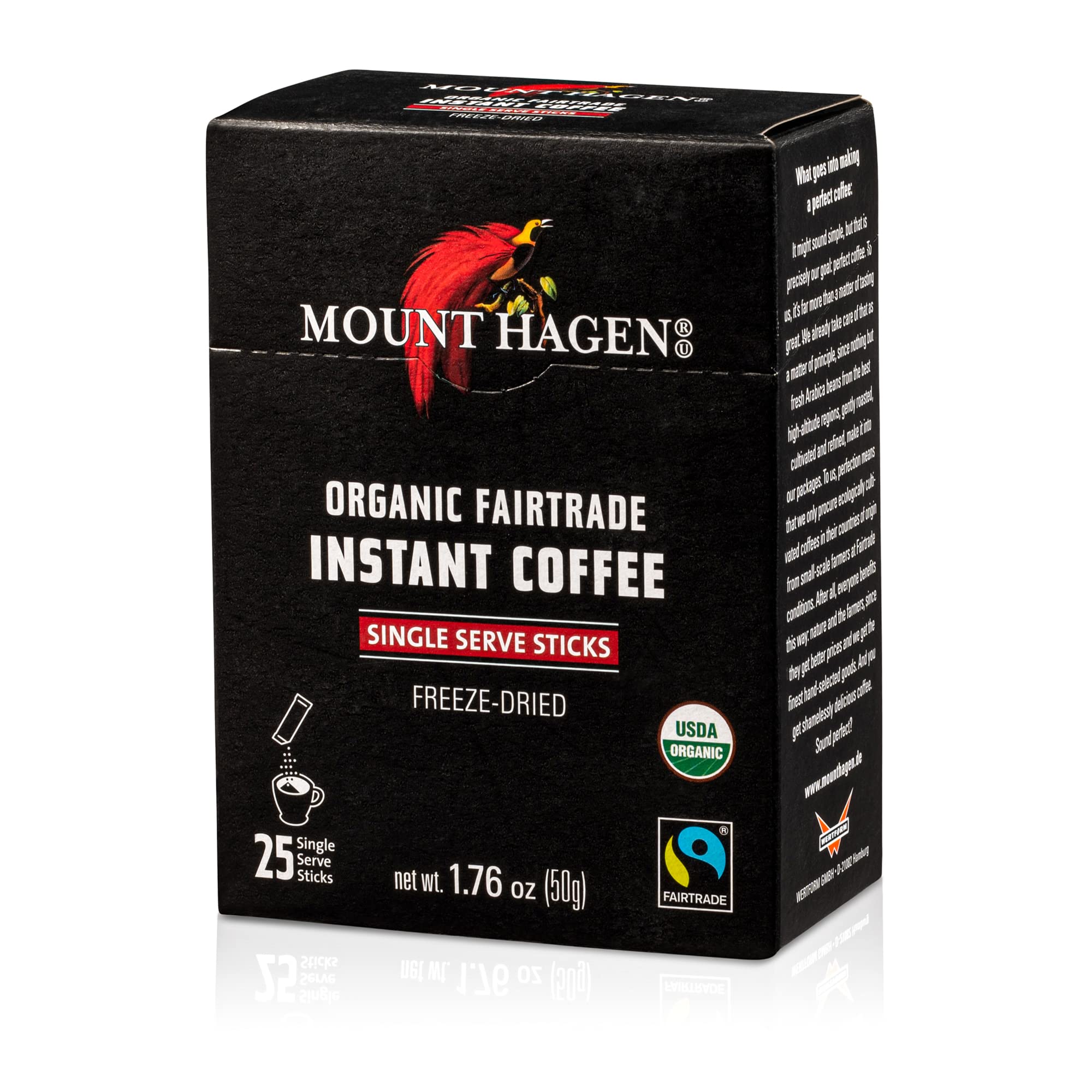 Mount Hagen 25 Count Single Serve Instant Coffee Packets | Organic Medium Roast Arabica Beans | Eco-friendly, Fair-Trade [25 sticks/1.76oz/50g]